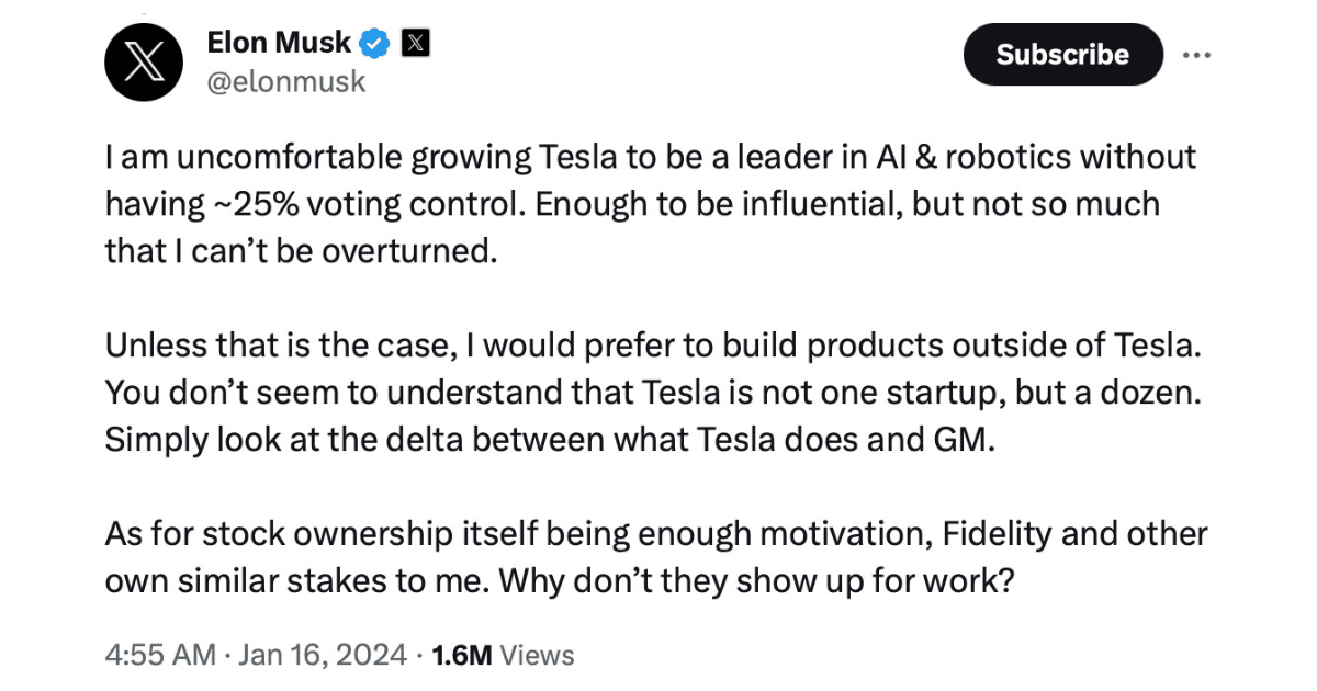 Elon Musk wants at least 25% shares in Tesla to continue work on AI and ...