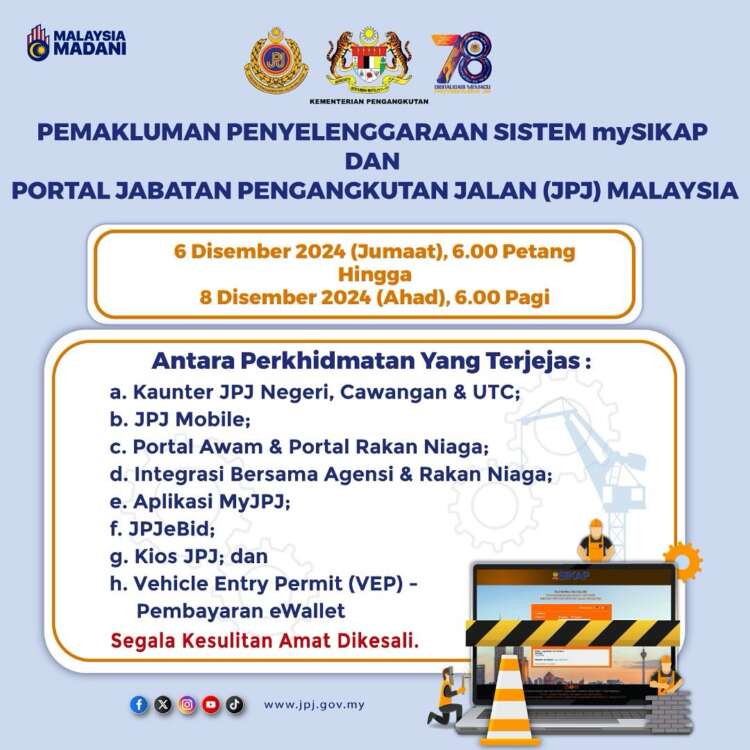 Sistem MySikap dan portal JPJ diselenggara pada 6-8 Dis 2024, beberapa ...
