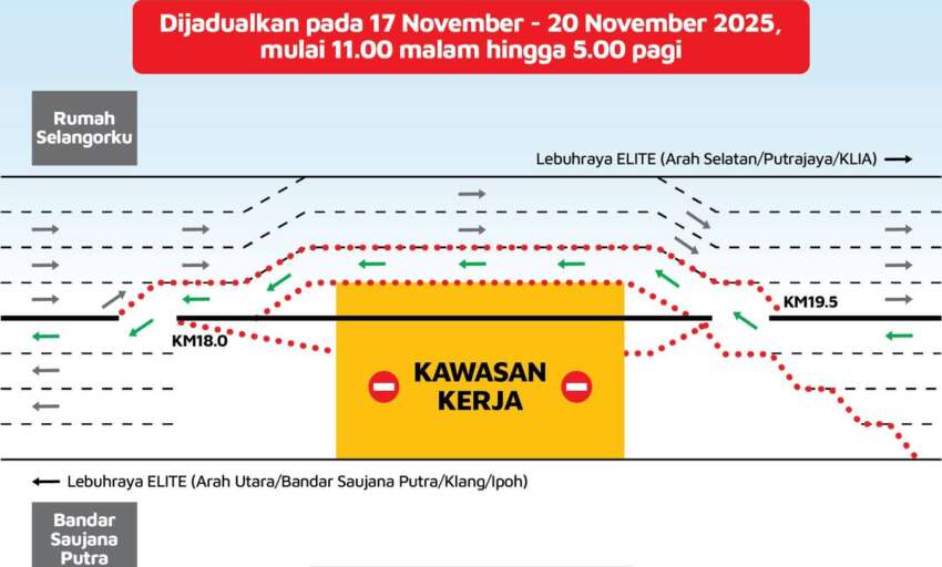 Lane closures and contraflow on Elite Highway, Putrajaya - Bandar ...