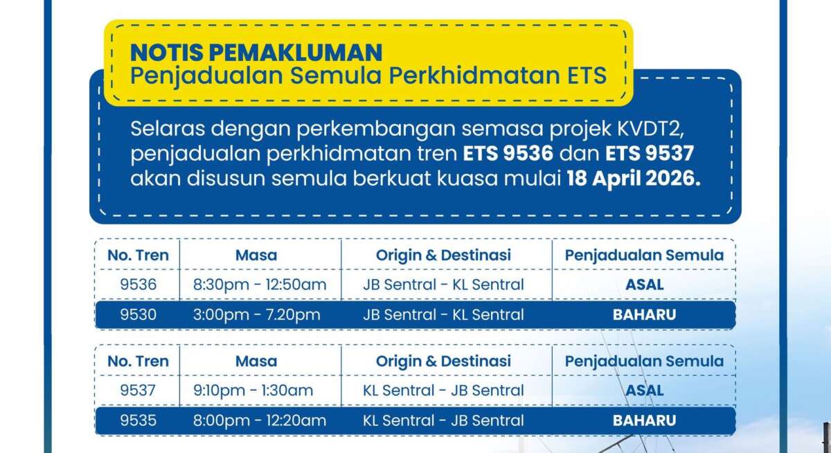 KTM ETS KL Sentral - JB Sentral trains rescheduled from Apr 18 - 2 ...